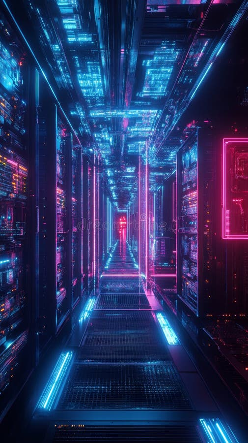 Futuristic Data Center Alley with Neon Lights and High-Tech Server ...
