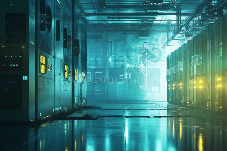 Futuristic Data Center with Blue and Green Lighting Effects Stock ...