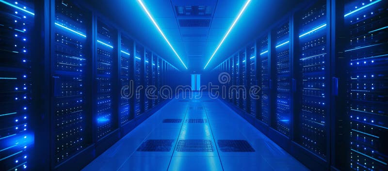 Futuristic Data Center with Blue LED Lights. Network Servers in a ...