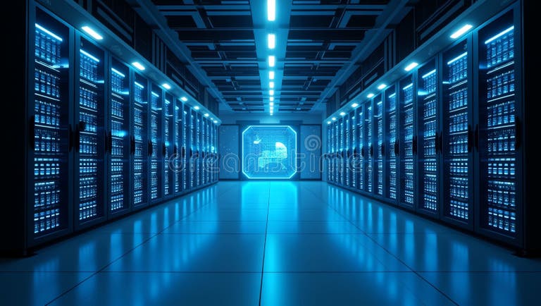 Futuristic Data Center with Blue Lighting and Server Racks Stock ...