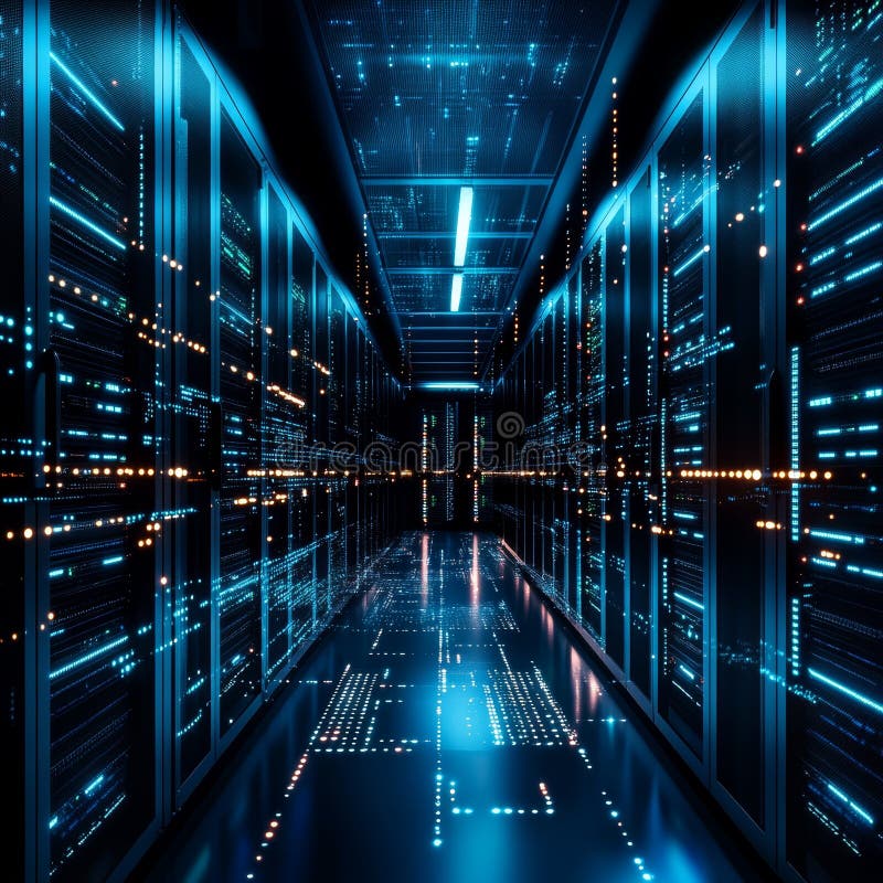 Futuristic Data Center with Blue Lights and Digital Connections Stock ...