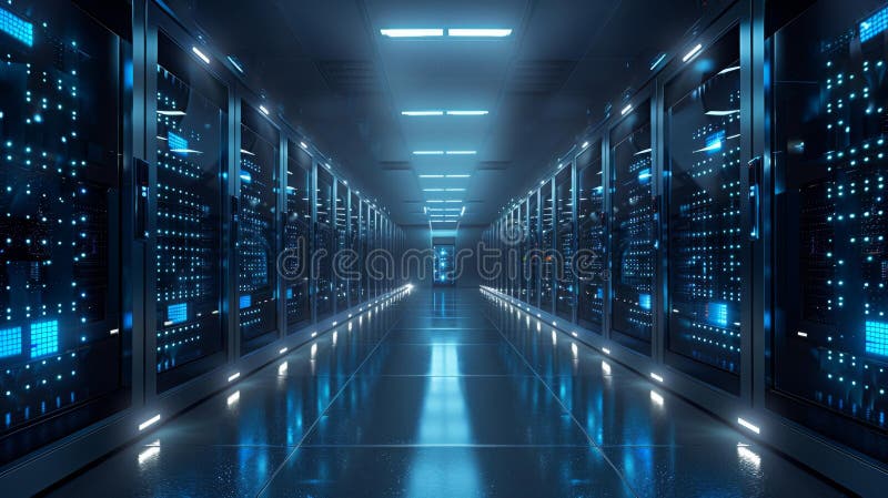 Futuristic Data Center with Blue Lights and Server Racks - Generative ...