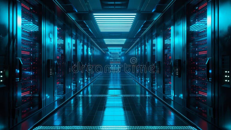 Futuristic Data Center with Blue Neon Lights, Generative AI Stock Photo - Image of network ...