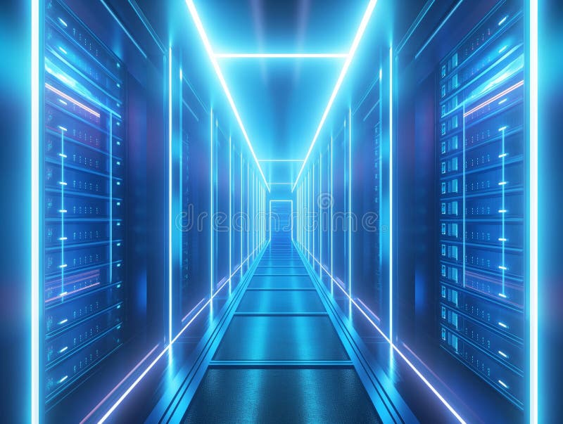 Futuristic Data Center with Blue Neon Lights Stock Photo - Image of ...