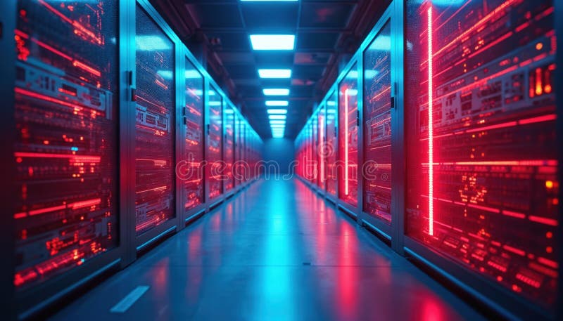 Futuristic Data Center with Bright Lights. Blue, Pink Neon Illumination ...