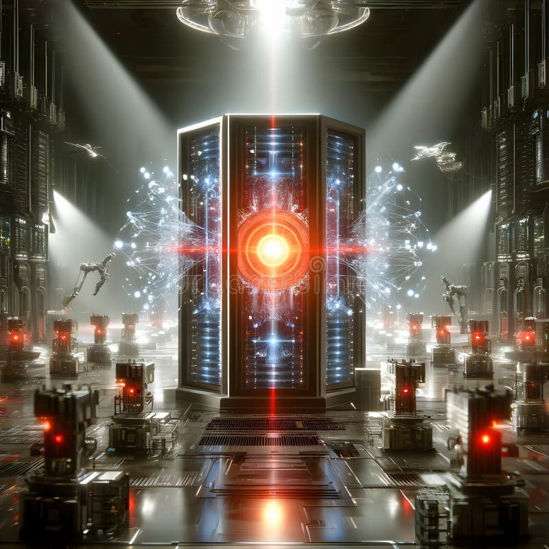 Futuristic Data Center with Glowing Core and Robotic Arms Stock Image ...