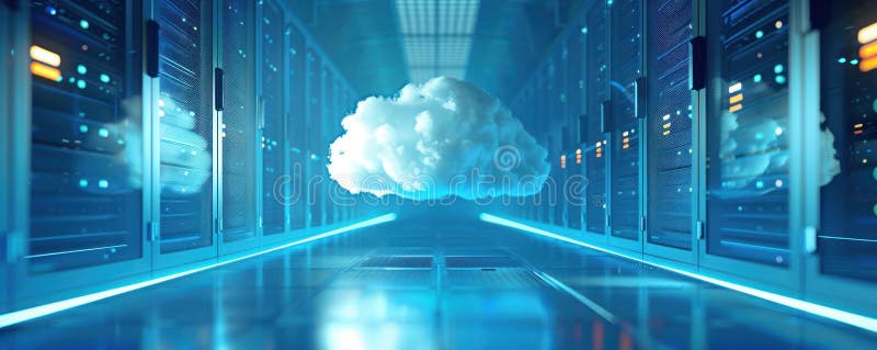 Futuristic Data Center with Cloud Icon Representing Cloud Computing and Technology, Surrounded ...