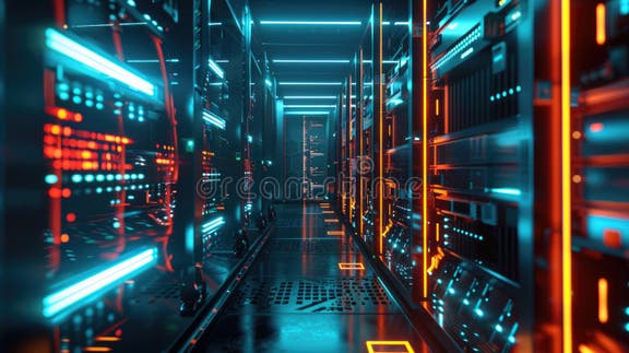 Futuristic Data Center, Computer Servers in Dark Room with Blue Led ...