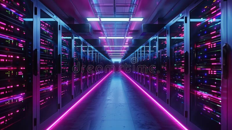 Futuristic Data Center, Computer Servers in Dark Room with Neon Light ...