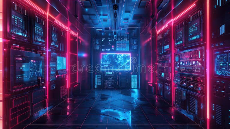 Futuristic Data Center, Computer Servers in Dark Room with Neon Light ...