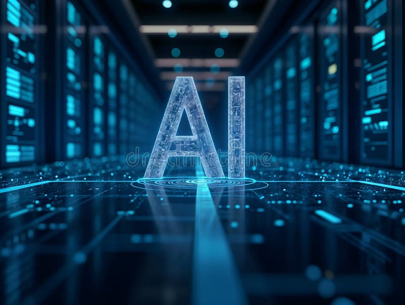 Futuristic Data Center Corridor with AI Symbol and Server Racks Stock ...