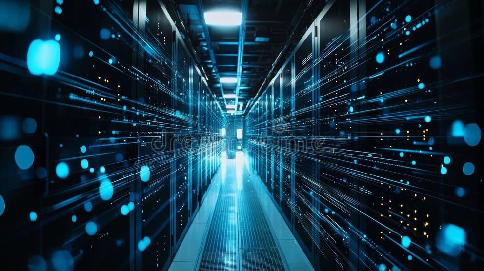 Futuristic Data Center Corridor with Glowing Blue Lines and Servers ...