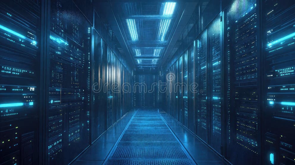 Futuristic Data Center Corridor with Glowing Server Racks and Blue LED ...