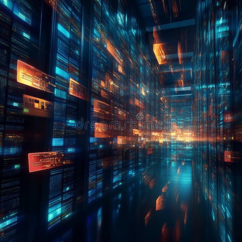 Futuristic Data Center Corridor with High-Tech Server Racks and Dynamic ...