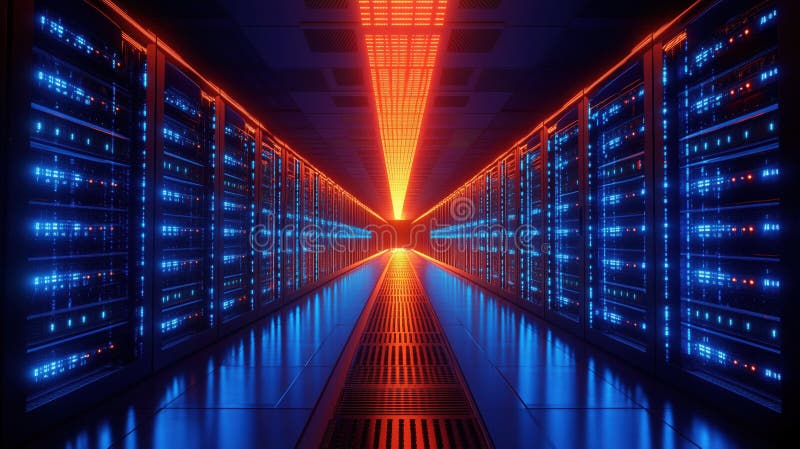 Futuristic Data Center Corridor Illuminated with Blue and Orange Lights ...