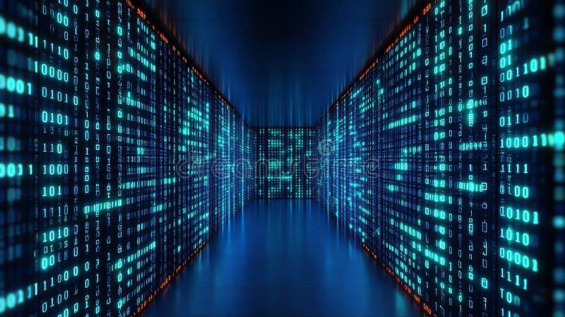 Futuristic Data Center Corridor Illuminated by Glowing Binary Code Stock Illustration ...