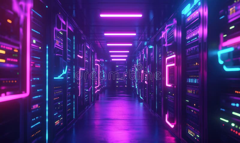 Futuristic Data Center Corridor Illuminated by Neon Lights Showcasing Advanced Server Technology ...