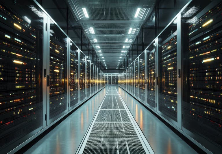 Futuristic Data Center Corridor Illuminated Server Racks and Sleek Floor Stock Illustration ...