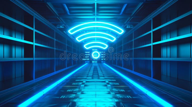 Futuristic Data Center Corridor with Neon Blue Lights and Wifi Symbol ...