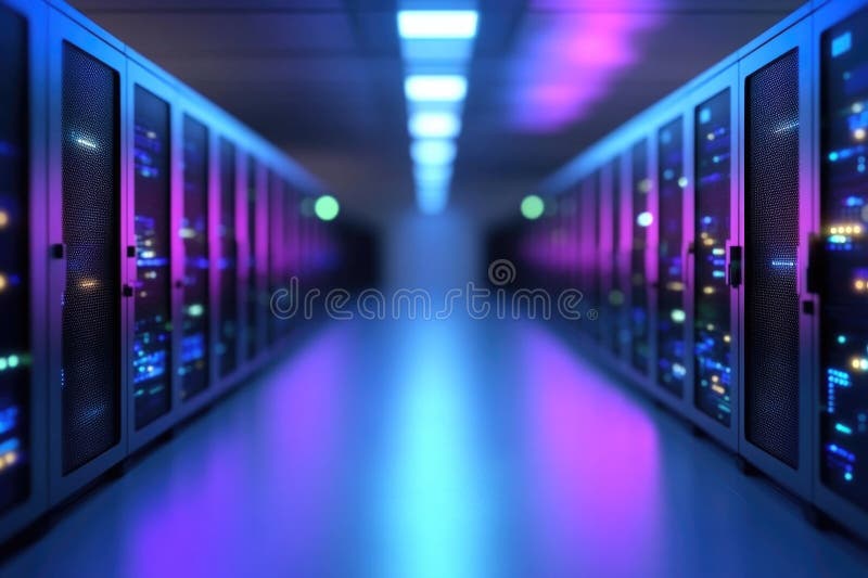 Futuristic Data Center Corridor with Neon Lighting and Server Racks ...