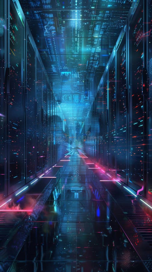 Futuristic Data Center Corridor with Neon Lights Stock Photo - Image of ...
