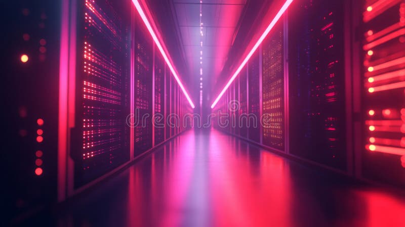 Futuristic Data Center Corridor with Neon Lights Stock Illustration ...