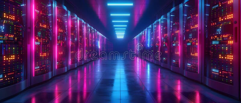 Futuristic Data Center Corridor with Neon Lights. Concept Futuristic ...