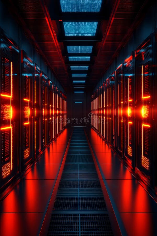 Futuristic Data Center Corridor with Neon Lights and Technology Vibes ...