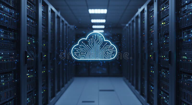 A Futuristic Data Center Corridor with Rows of Server Racks on Either ...