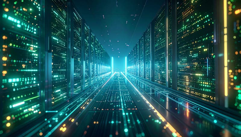 Dual Rows of Glowing Server Panels Stretch into the Distance, Creating ...