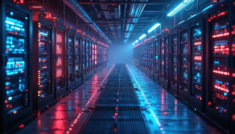 Futuristic Data Center Corridor with Rows of Servers Glowing with Blue, Red Lights. Advanced ...