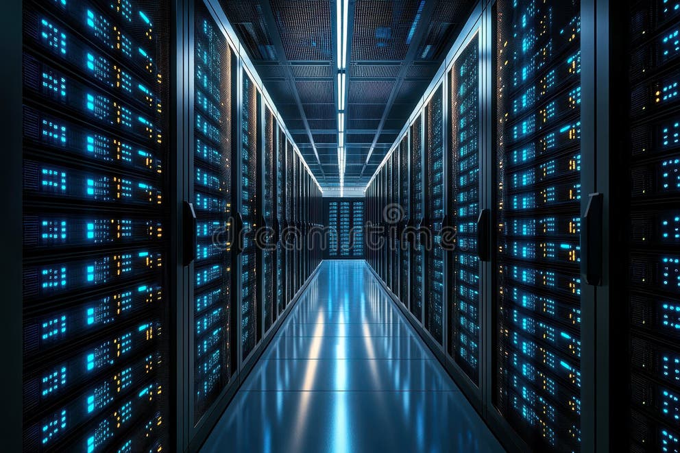 Data Center Corridor with Illuminated Blue and Yellow Servers Stock ...