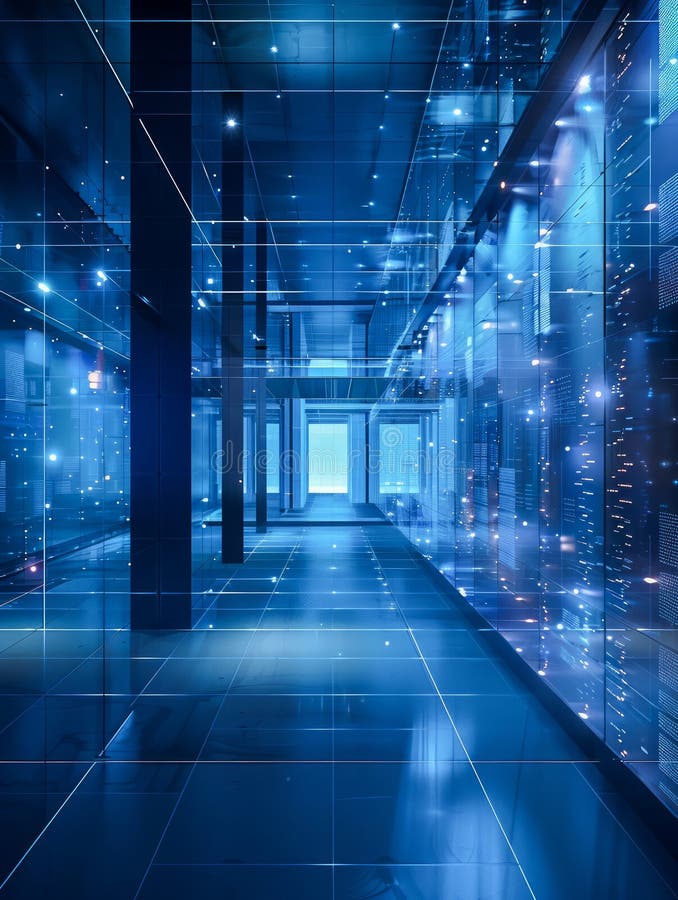 Futuristic Data Center Corridor with Server Racks in a Blue Neon ...