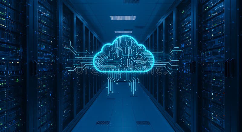 A Futuristic Data Center Corridor with Server Racks Lined Along Both ...