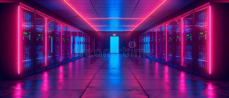Futuristic Data Center Corridor with Vibrant Neon Lights. Concept ...