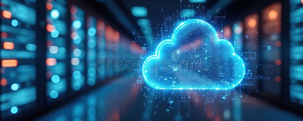 Futuristic Data Center Digital Cloud Computing. Neon Blue Lights, Cyber Network Connections ...
