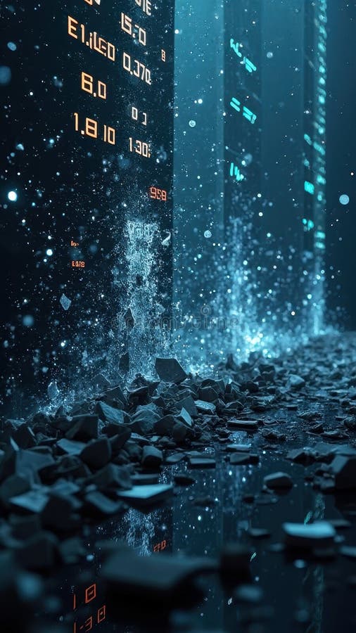 Futuristic Data Center in Digital Rain with Floating Binary Numbers ...
