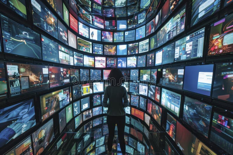 Futuristic Data Center with Digital Screens Surrounding a Person ...