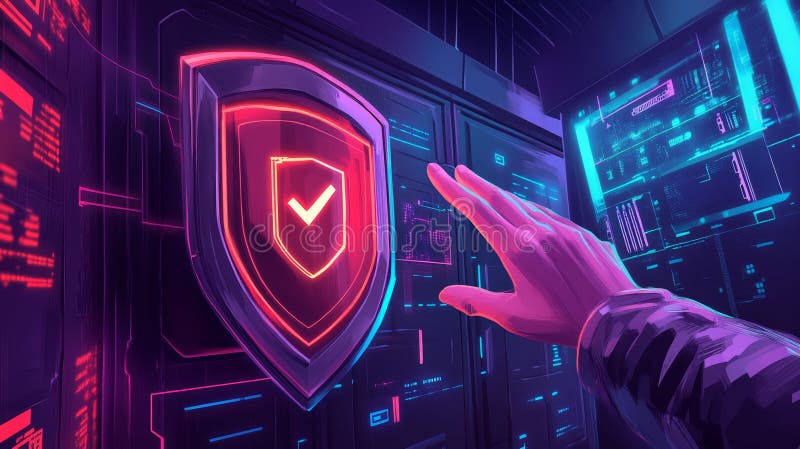 Futuristic Data Center with Digital Shield and Hands Reaching Out Stock ...