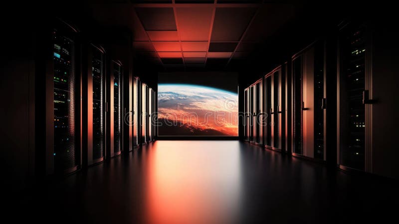 Futuristic Data Center with Earth Display and Ambient Red Lighting ...