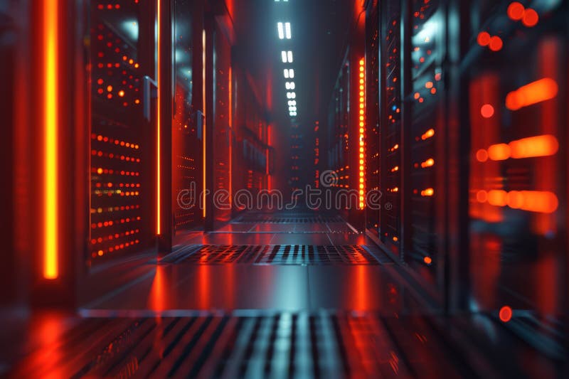 A Futuristic Data Center that Features Striking Red Lights and Numerous ...
