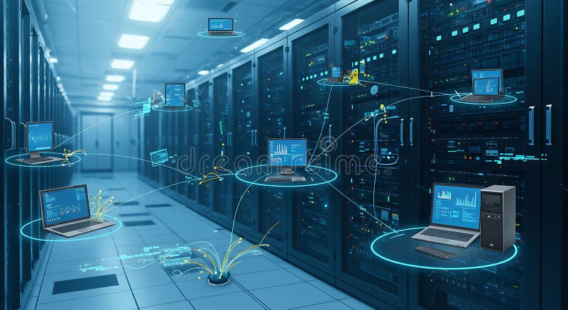 A Futuristic Data Center Featuring Multiple Server Racks with Glowing ...