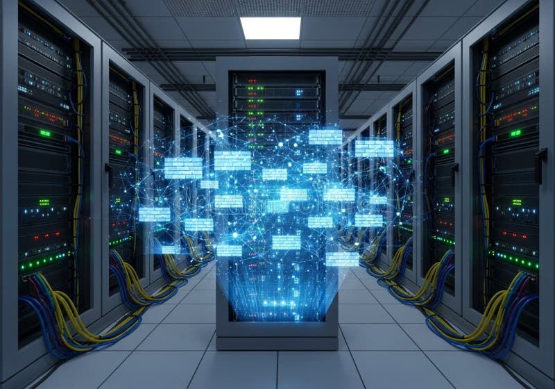 A Futuristic Data Center Featuring Rows of Server Racks, Each Stock ...