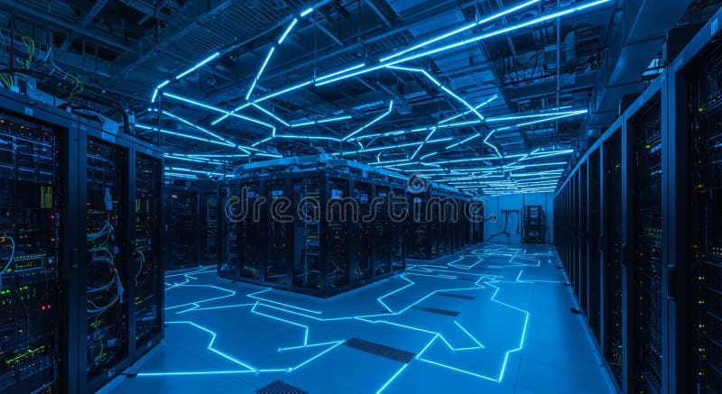 A Futuristic Data Center is Filled with Numerous Server Racks. Blue LED Lights Form Stock ...