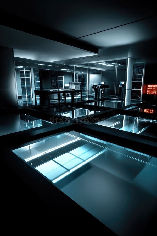 Futuristic Data Center with Glass Floors and Digital Displays Stock ...