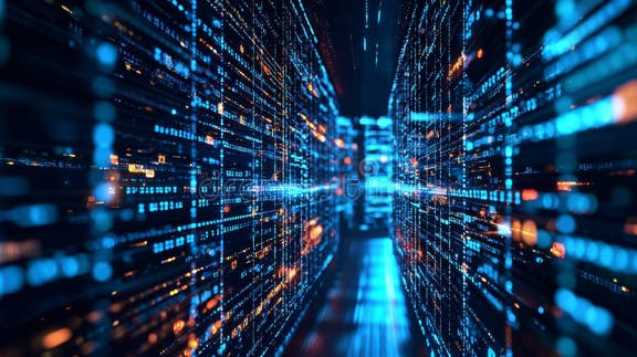 Futuristic Data Center with Glowing Binary Code and Lights Stock Photo ...