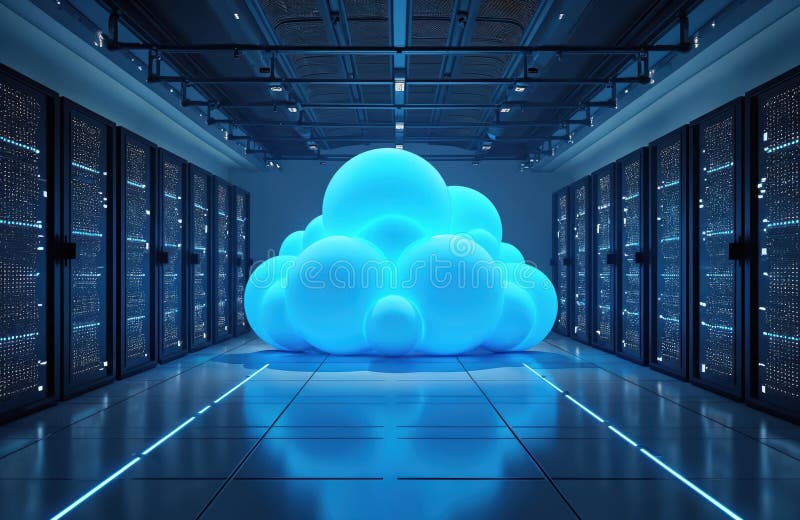 Futuristic Data Center. Glowing Blue Cloud Center. Modern Tech Hardware ...