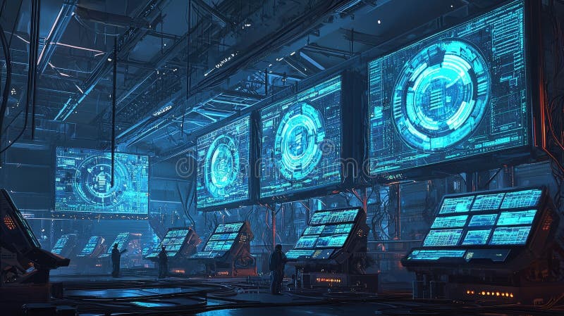 Futuristic Data Center with Glowing Blue Interfaces Stock Image - Image ...