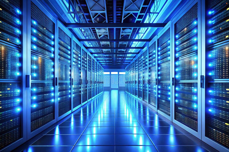 Futuristic Data Center Glowing in Blue Light Stock Illustration ...