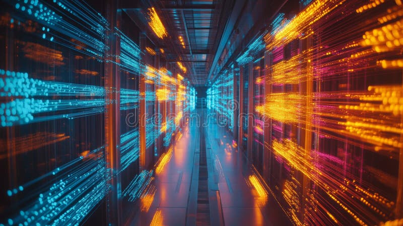 Futuristic Data Center with Glowing Blue and Orange Lights, Reflecting ...